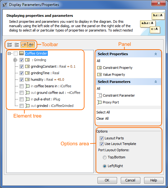 Displaying parameters and properties
