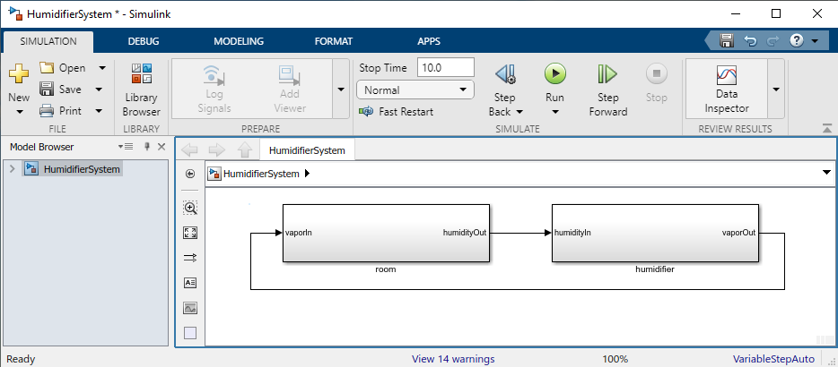 Humidifier example to Simulink model