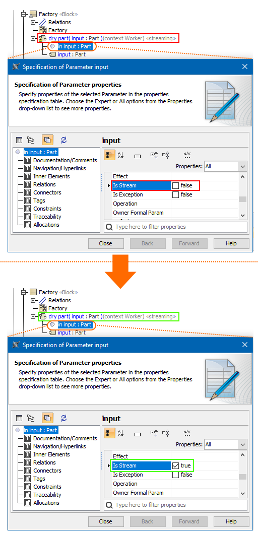 Missing streaming parameter - SysML Plugin 2024x Refresh3 - No Magic Product Documentation