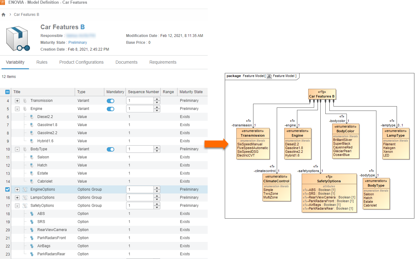 Importing ENOVIA model version variability data
